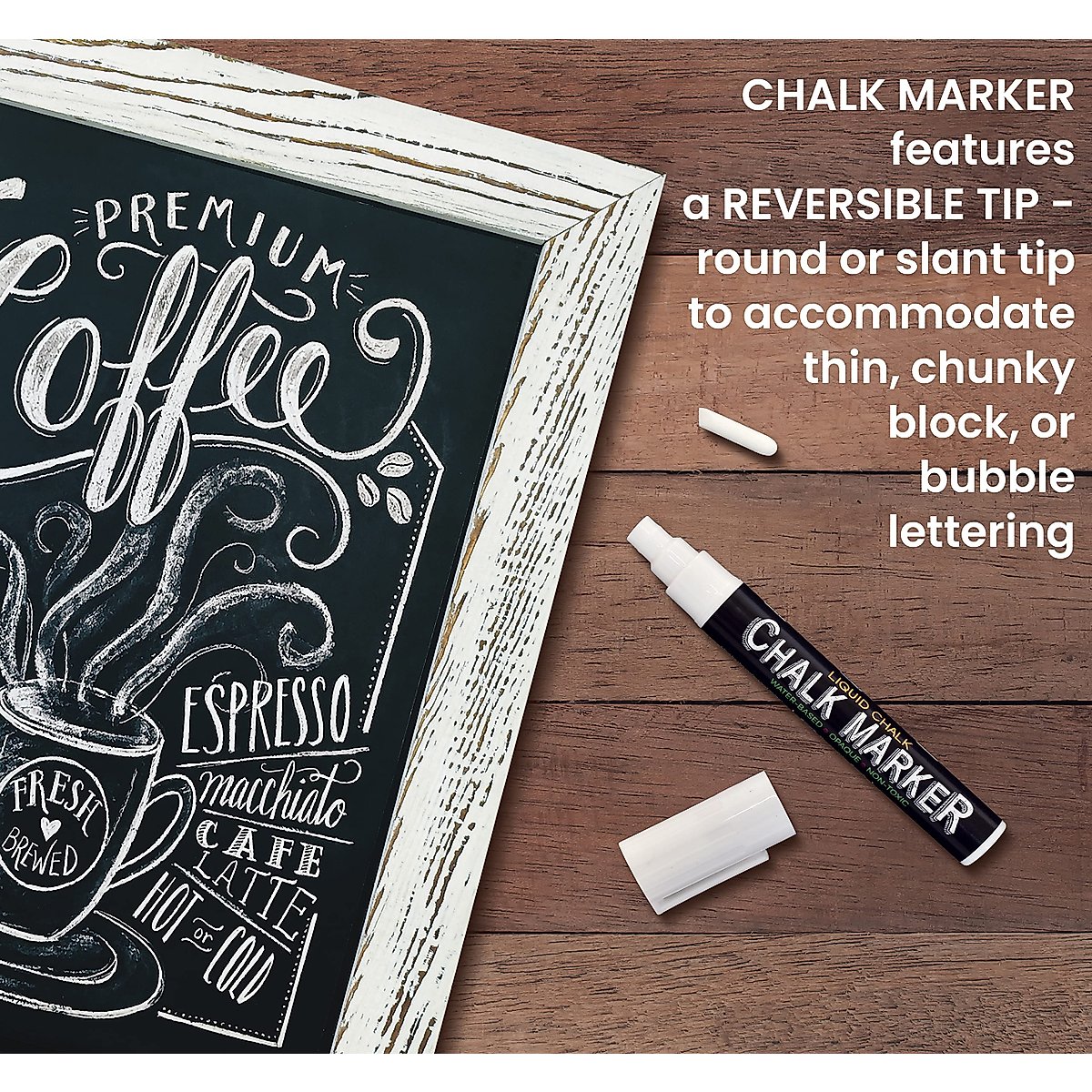 Better Office Products Framed Tabletop Chalkboard Sign, 9.5" x 14", Rustic Wood Frame, Small Magnetic Chalkboard with Built-in Ledge and Folding Stand, One White Chalk Marker Included,(Whitewash)