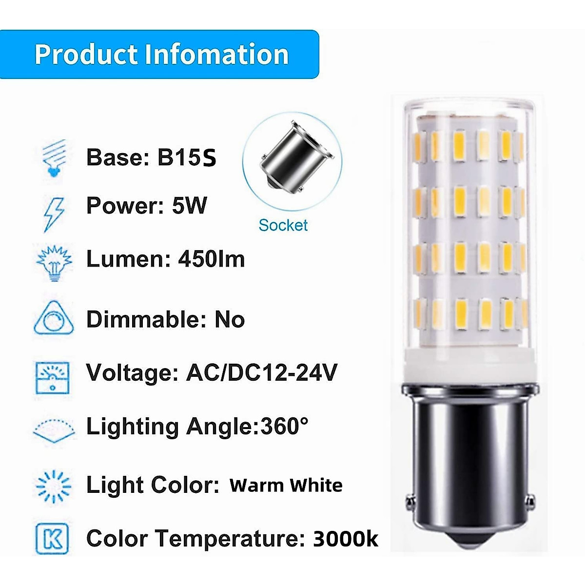 Ba15s 1156 1141 S8 12V-24V Led Bulbs, 5Watt Low Voltage Bayonet Single Contact, 500Lm Warm White 3000K, for RV, Outdoor Landscape Lighting and Camper, Boat Lights. (Pack of 2)