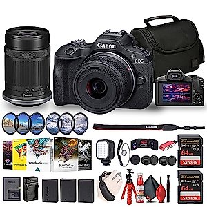 Canon EOS R100 Mirrorless Camera with 18-45mm and 55-210mm Lenses Kit (6052C022) + Filter Kit + Corel Photo Software + Bag + 2 x 64GB Card + 2 x LPE17 Battery + Charger + LED Light + More (Renewed)