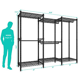 PUNION Heavy Duty Clothes Rack,Wire Garment Rack for Hanging Clothes,Multi-Functional Bedroom Clothing Rack with 5 Hanger Rod,7 Shelves,2 Side Hooks,Extra Wide 86"W X18”D X77”H, Max Load 1500LBS,Black
