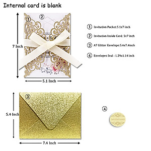 Fashmade 50Pcs Laser Cut Wedding Invitation With Glitter Envelopes And Ribbons Blank Personalized Card Invitaciones Para quinceañera Birthday Baby Shower Christmas Party Bridal Shower (Gold)
