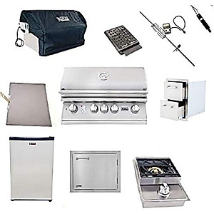 AMS Fireplace AMS Lion 32 Grill Package w Double Access Drawer and Horizontal Single Door and single side burner and Refrigerator | (Natural Gas), Stainless Steel