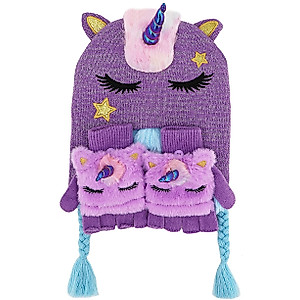 Kids Girls Cute Glitter Unicorn Beanie Winter Hat and Glove Set Knitted Earflap Cap Flip Top Mitten Set Purple