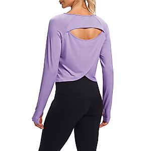 Bestisun Women Athletic Workout Dry Fit Long Sleeve Open Back Workout Shirts Yoga Top Gym Shirt Cropped Sweaters Light Purple M