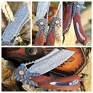 Minowe men's pocket knife Damascus Steel Handmade Folding Knife，3.5 in blade rosewood handle，with leather case ，Liner Lock Steel ball bearings，pocket clip ，EDC Camping Outdoor Survival Knife