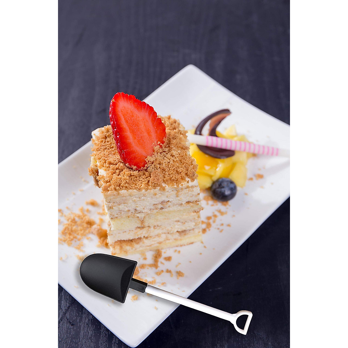 CXP Good Goods Mini Shovel Shape Spoons,Disposable Plastic Dessert Spoon (60 Pcs), Black,white