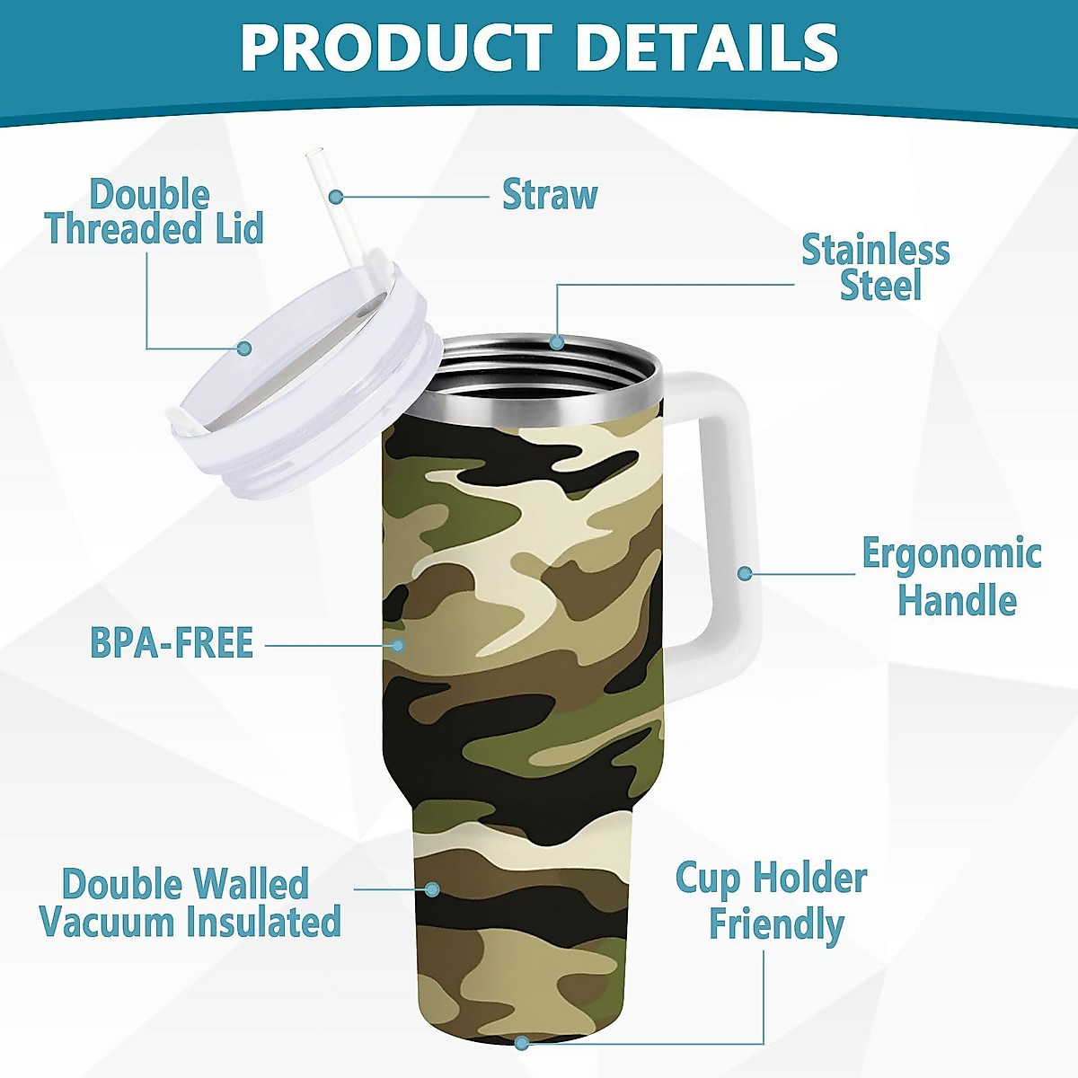 Jihqo Green Camouflage 40 oz Stainless Steel Vacuum Insulated Tumbler with Handle and Straw Lid, Leakproof Water Bottle Double Wall Travel Mug Coffee Cup, Cupholder Friendly