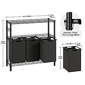 Laundry Sorters with 3 X 45L Pull-Out & Removable Laundry Bags, 2 Tier Adjustable Metal Storage Shelf, Oxford Fabric Laundry Baskets, Black