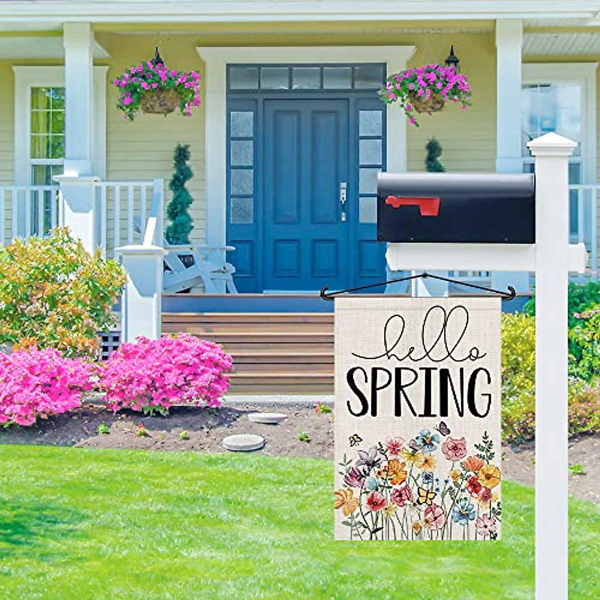 Hello Spring Floral Garden Flag 12x18 Inch Double Sided Burlap Outside, Flower Seasonal Sign Small Farmhouse Yard Outdoor Decoration DF235