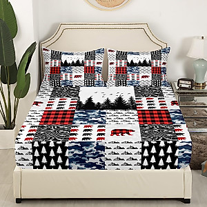 Erosebridal Bear Fitted Sheet Twin,Woodland Hunting Animals Bed Sheets for Kids Boys Girls,Buffalo Plaid Checkered Bedding Set,Camouflage Sheets,Christmas Stripes Bed Set Room Decor with Deep Pocket