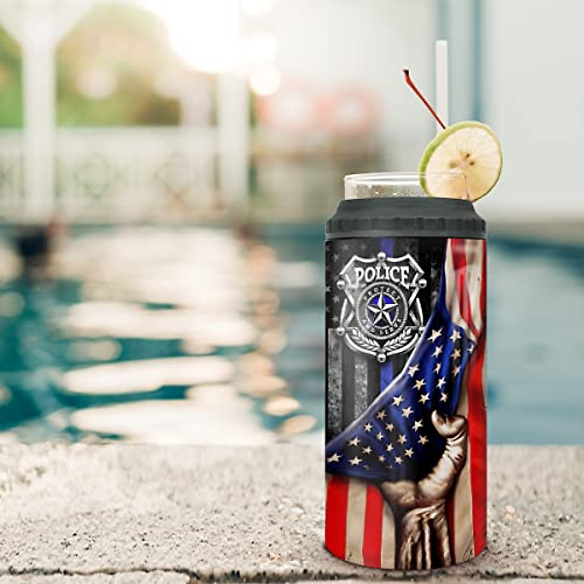 winorax Thin Blue Line Police Nutrition Facts 4-in-1 Tumbler Can Cooler Gifts for Men Police Academy Graduation Cops Officer American Flag
