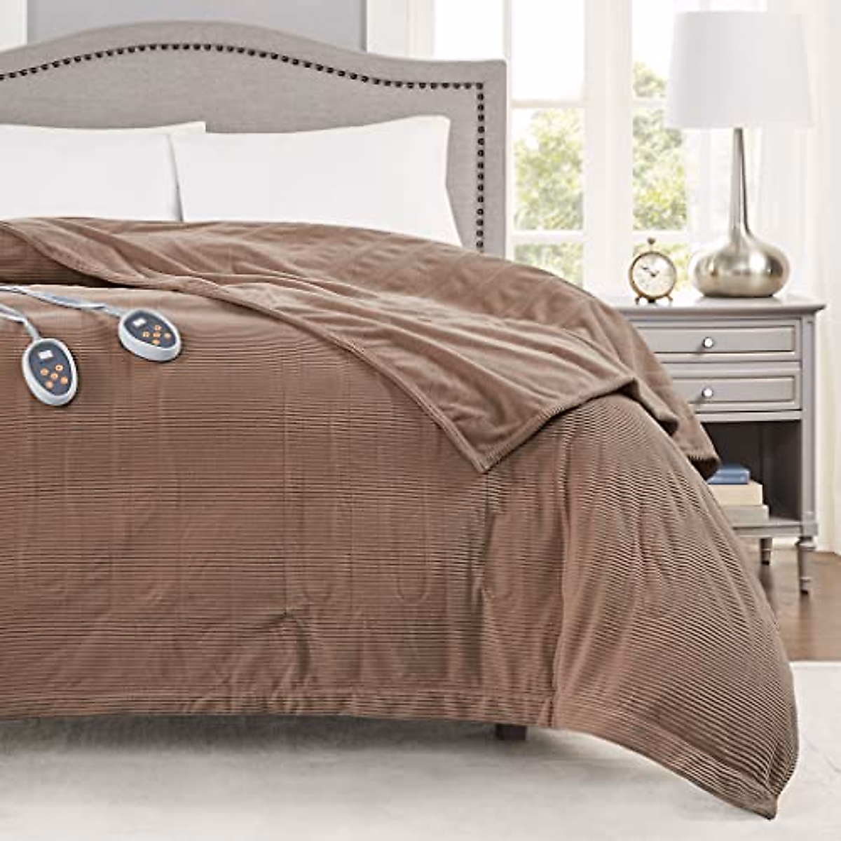 Beautyrest Electric Blanket Luxurious Micro Fleece Ultra Soft Ribbed Textured, Cozy and Snuggly Cover for Cold Weather, Fast Heating, Auto Shut Off, 20 Level Heat Setting Controller, Twin, Brown