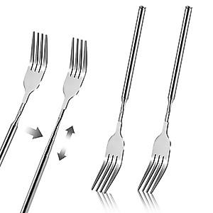 2Pcs Extendable Forks 8.7 to 25.6 Inch Adjustable Telescopic Fork, Stainless Steel Long Fork Retractable Dinner Fork for Fruit Dessert BBQ