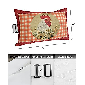 Recliner Head Pillow Ledge Loungers Chair Pillows with Insert Retro Rooster Sunflower Plaid Polka Dot Lumbar Pillow with Adjustable Strap Outdoor Waterproof Patio Pillows for Beach Pool, 2 PCS