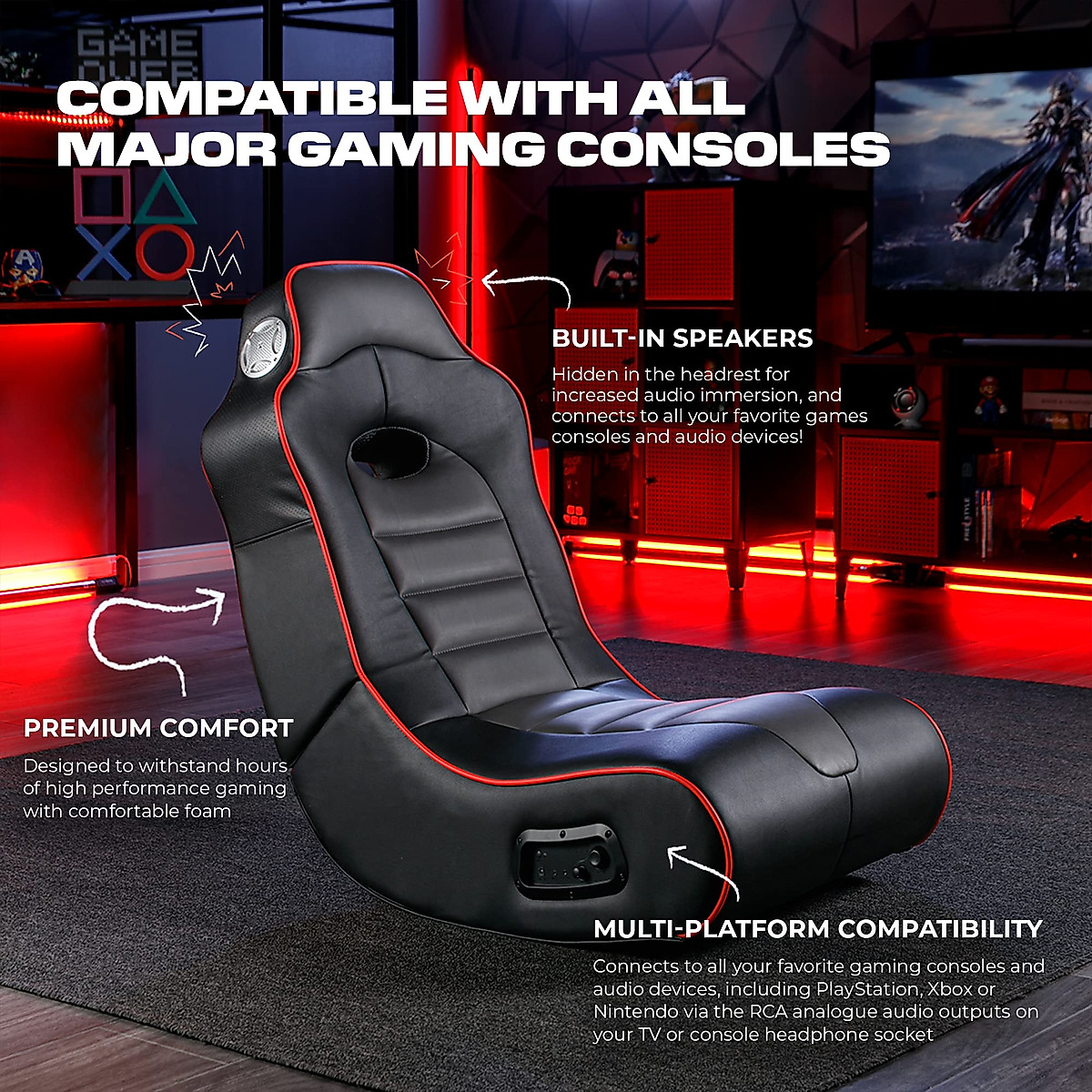 X Rocker Surge Video Gaming Floor Chair with Built-In Wireless Bluetooth Audio, Foldable, Padded Backrest, Faux Leather, 275 lbs Max, Black and Red