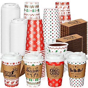 Suttmin 300 Pcs Christmas Disposable Coffee Cups with Lids and Sleeves 12 Oz Christmas Paper Cups Christmas Drinking Cups Hot Cocoa Chocolate Cups Party for Xmas Holiday Daily Holiday (Classic Style)