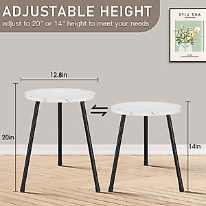 KINNARY Round Side Table Set of 2, Small Accent End Table for Living Room, Bedroom, Small Spaces, Height Adjustable Metal Legs, Nightstand Coffee Bedside Table for Office, Marble White
