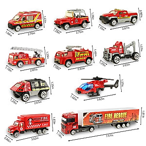 Joyfia 10 in 1 Fire Truck Toys, Mini Die-cast Fire Engine Car Toy Set in Carrier Truck, Rescue Emergency Double Side Transport Vehicle for 3 Years Old Boys and Girls