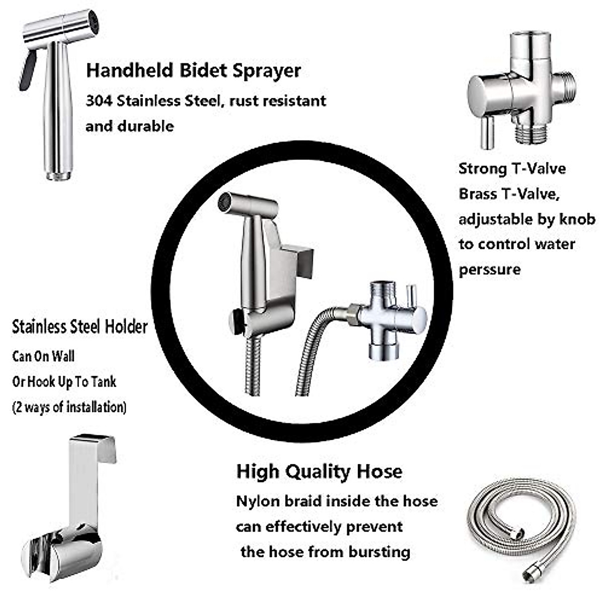 Handheld Bidet Toilet Sprayer，Stainless Steel Bathroom Personal Hygiene Bidet Sprayer Set，Baby Cloth Diaper Sprayer,Shower Sprayer for Pet, Feminine Hygiene