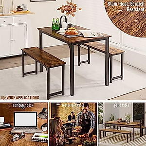 NAFORT 3-Piece Dining Table Set for 4, Kitchen Table with 2 Benches, 43.5’’ Space Saving Dining Room Table with Metal Frame & Solid MDF Wood Board, Ideal for Home, Restaurant, Patio Outdoor