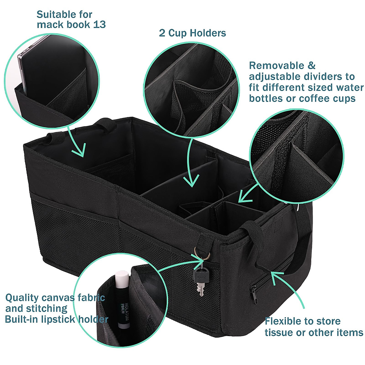 HEYSKAY Back Seat Car Organizer With Tissue Box Passenger Front Seat Organizer Car Caddy Organizer with Coffee Cup Drink Holder Toy Books Storage for Car (Black)