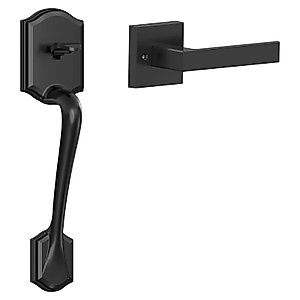 Front Door Handle,Hornbill Black Door Handle Set,Exterior Door Handle and Interior Level,Matte Black Door handle in Modern Style,Single Cylinder Entry Door Handle with Lower Half Lever for Home Office
