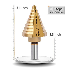 Titanium Step Drill Bit, Zhushan Titanium High Speed Steel Drill Cone Bits,Double Cutting Bladesfor Sheet Metal Hole Drilling Cutting1/4 to 1-3/8 Inches Total 10 Step Sizes