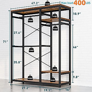 Raybee Free Standing Closet Organizer Heavy Duty Metal Wooden Clothing Rack with Shelves Capacity 400LBS 71"H Freestanding Clothes Rack Garment Rack for Hanging Clothes