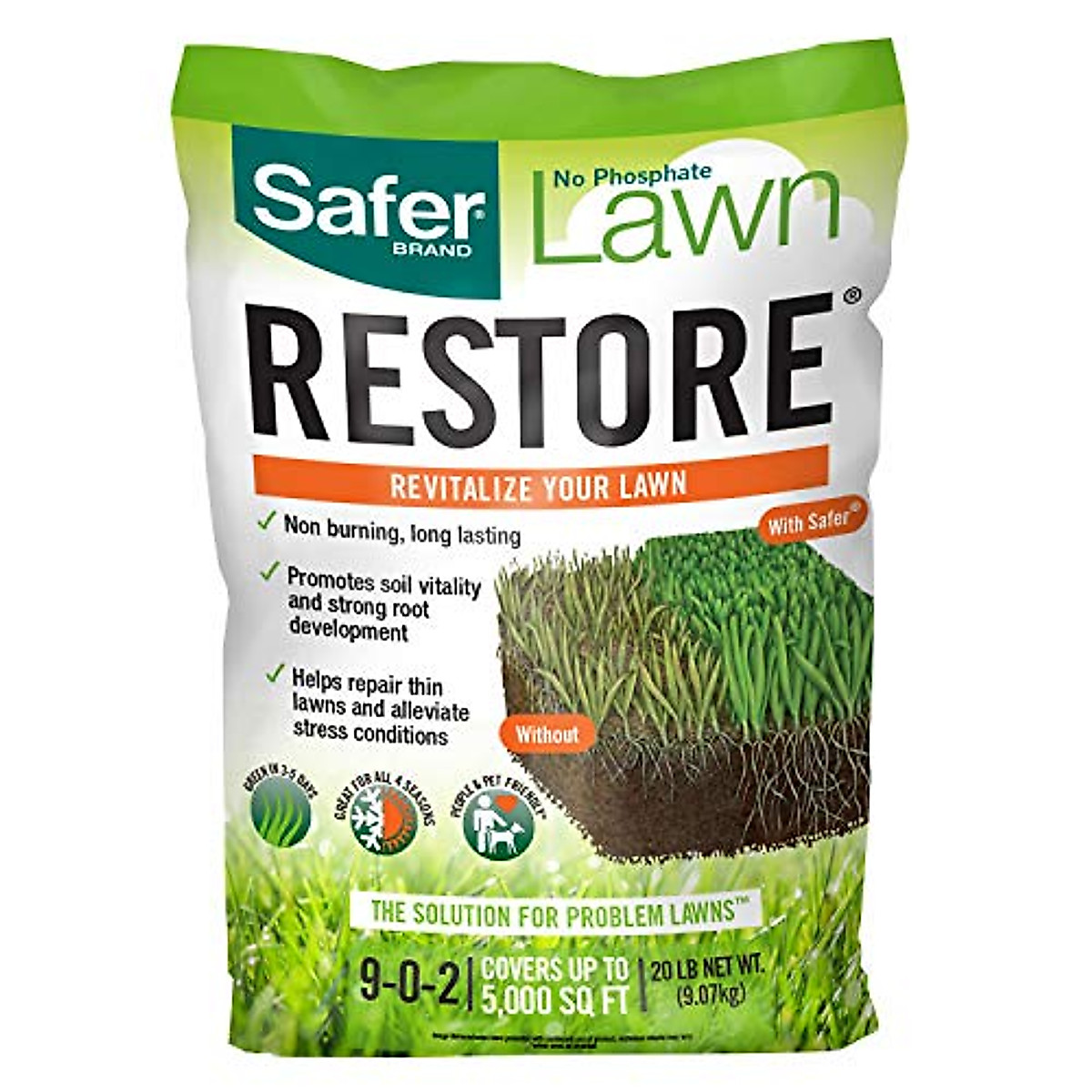 Safer Brand 9335SR Lawn Restore Natural Lawn Fertilizer - Non-Burning Fertilizer - 9-0-2 NPK - Covers up to 5,000 Sq Ft