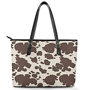 Poetesant Brown Cow Print Handbag for Women Cow Print Tote Bags Color Block Top-Handle Large Purses Casual Leather Shoulder Bags for Business