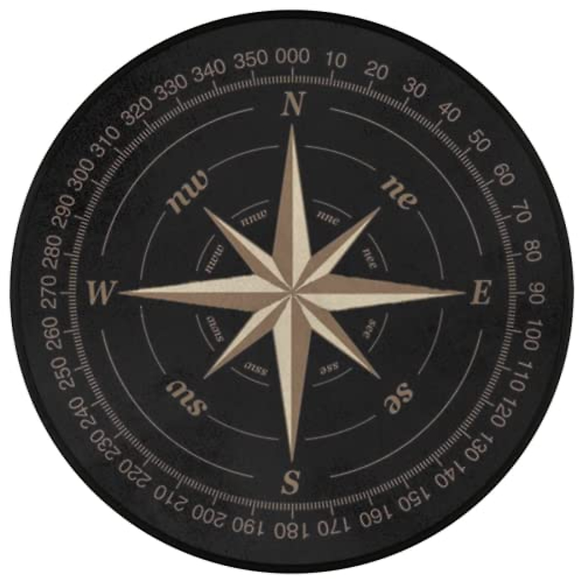 Compass Rose Round Area Rug, Artwork Black Non-Slip Circle Rug for Bedroom Living Room Outdoor Study Playing Floor Mat Carpet, 5.2' Diameter