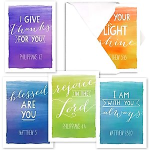 Religious Encouragement Note Card Pack / 25 Bible Verse Cards / 5 Vibrant Watercolor Designs / 3 1/2" x 4 7/8" Christian Greeting Cards
