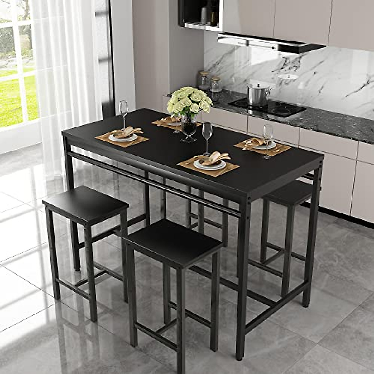 MIERES 4, Counter Height Table & Stools, Bar Chairs, Kitchen Dining Table Set for Breakfast Nook, Small Space Living Room, Black