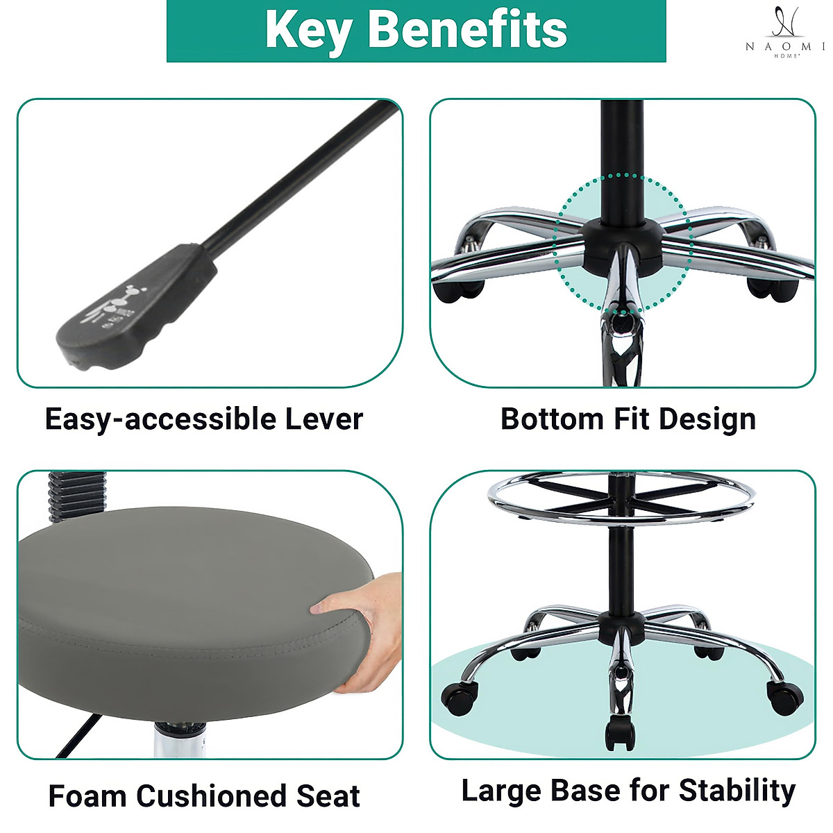 Venus Drafting Stool Chair, Rolling Stools with Wheels, Stools with Backs, Tall Adjustable Office Chair Workbench Stool with Back Support Adjustable Chair Work Stool with Chrome Footrest - Gray