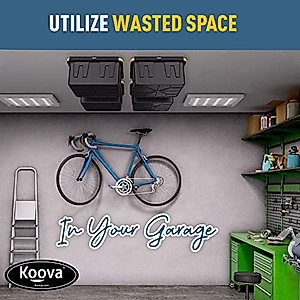 Koova Overhead Bin Rack for Four Bins | Overhead Garage Storage Rack to Mount on Ceiling with Adjustable Width | Supports Most Black and Yellow Storage Bins |4 Sets