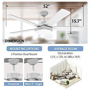 Regair 52 Inch Modern Ceiling Fan with Light and Remote Control, White, Dimmable, Adjustable Color Temperature, Timer, Reversible DC Motors, Easy Installation