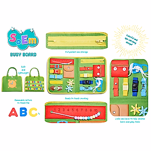 SoEm Busy Board Montessori toy Sensory Educational toy for 1 2 3 4 5 6 years Activity book for basic dress skills and fine motor for Travel plane and car, 16 activities in 1 Gifts for Girls and Boys