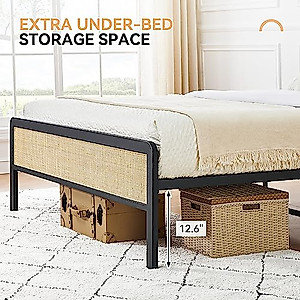 Alkmaar Queen Size Metal Bed Frame with Rattan Headboard and Footboard, Platform Bed Frame with Safe Rounded Corners, Under Bed Storage, Strong Metal Slat Support, No Box Spring Needed