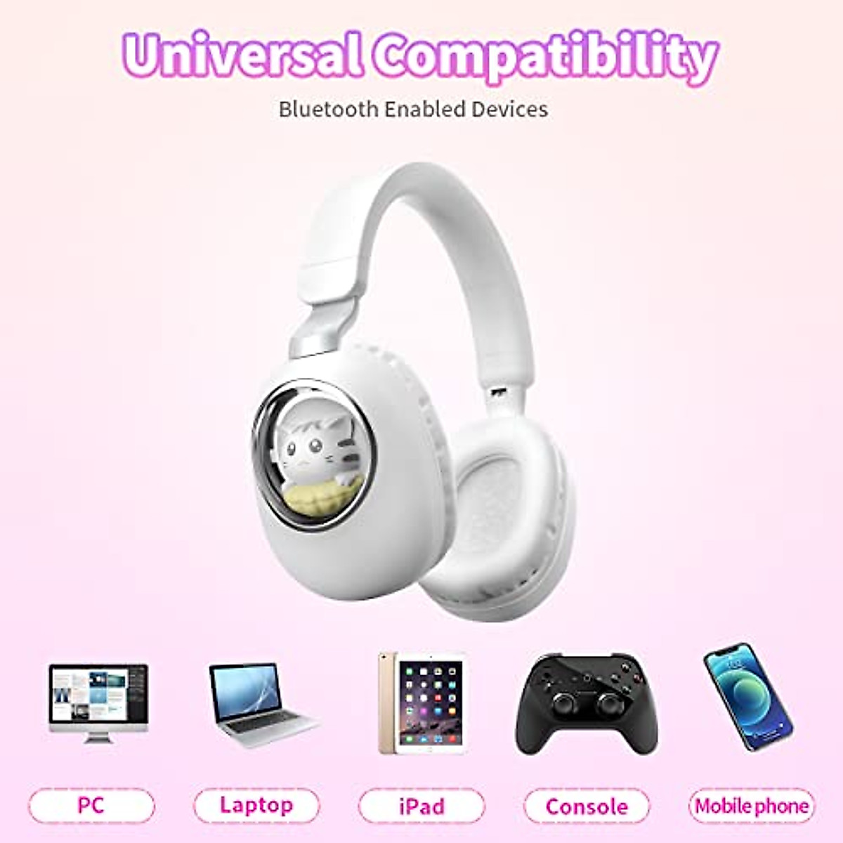 YUSONIC Wireless Headphones with led Lights， Kids Headphones for Girls Bluetooth Light up Over Ear with Microphone and sd Card for School/Travel/Phone/Kindle/pc/tv / MP3. (White)