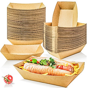 MotBach 100 Pack 3lb Kraft Paper Food Trays, Heavy-Duty Paper Food Boat Disposable Serving Basket Tray for French Fries Nachos Snack Hot Dog Taco BBQ Popcorn Party Picnic Wedding Party (Brown)