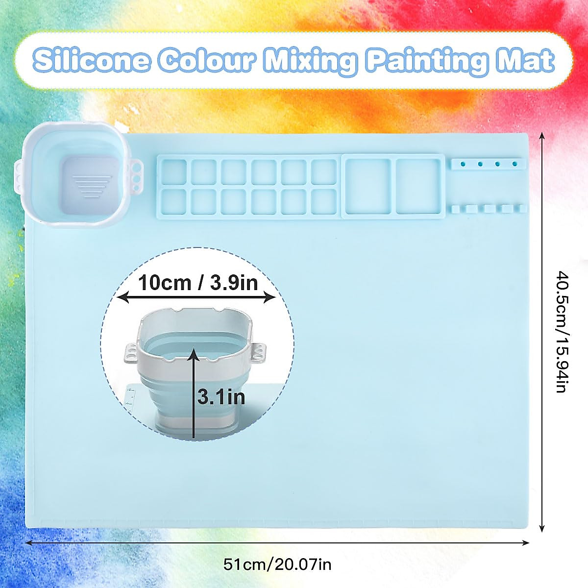 OTYMIOW Silicone Painting Mat with Cup, 20"X16" Silicone Art Mat, Silicone Craft Mat with Cup and Palette, Silicone Paint Tray for Painting, Art, Handmade, Make Mold, and DIY Creations Blue