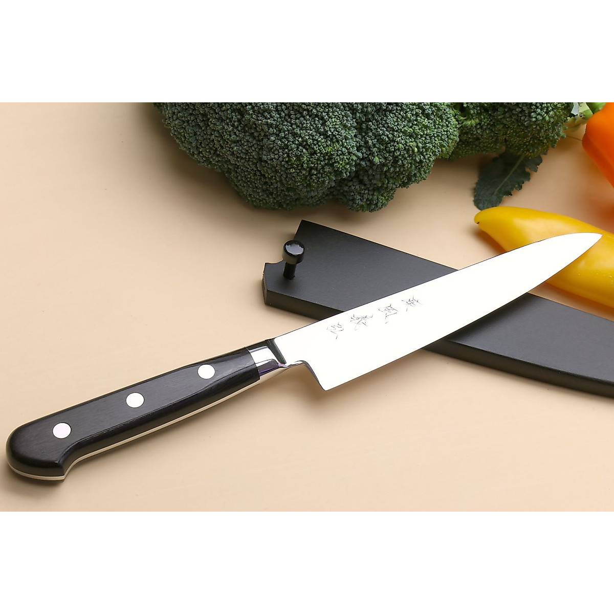 Yoshihiro High Speed Steel Petty Utility Chefs Knife (Black Pakkawood Handle) (5.3'' (135mm) & No Saya)