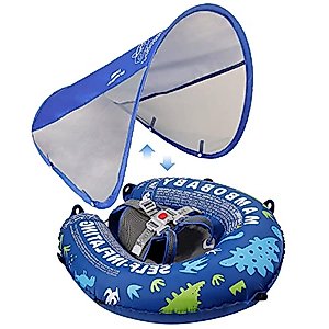 Mambobaby Newest Compressible Folding Baby Self-Inflating Float with Sun Canopy – Blue