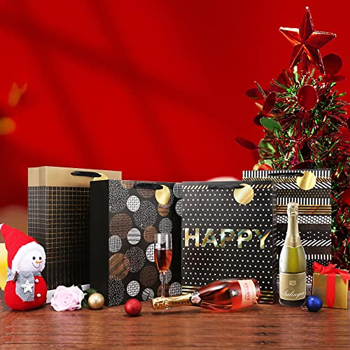 Boonny Valentine's Day Gift Bags, 8 Pack Gift Bags Large Size, Premium Black Gift Bags with Handles, 4 Assorted Black Foil Designs Paper Gift bags for Kids Birthday, Halloween, Birthday Party Favors, Kids Party Favors, 15.4Inch