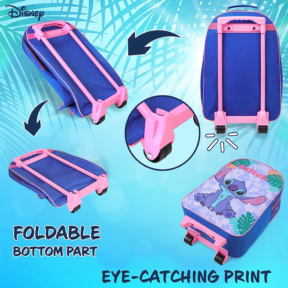 Disney Kids Suitcase - Foldable Trolley Bag 47 x 30cm, 2 Wheels Extendable Handle - Kids Gifts (Blue Stitch)