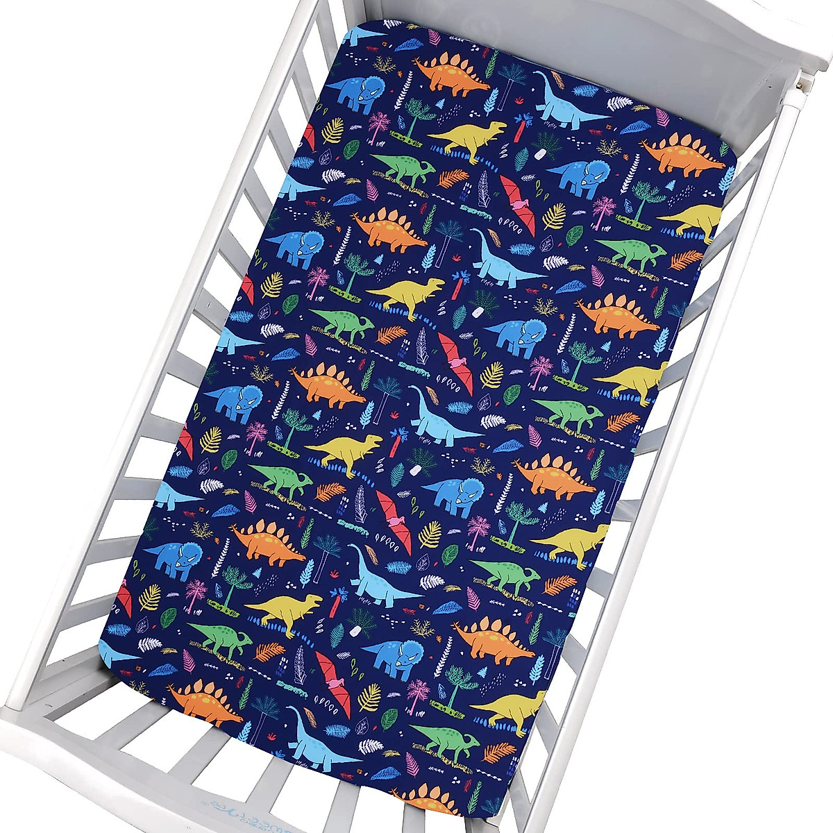 Cloele Dinosaur Fitted Crib Sheet - Baby 100% Polyester 1 Pack Crib Sheet for Standard Crib and Toddler Mattresses - Blue Nursery Bed Sheet Crib Mattress Toddler Sheet for Baby Boys
