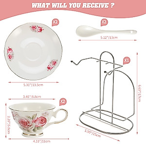 Viktorwan Porcelain Tea Cup and Saucer Coffee Cup Set with Saucer and Spoon, Set of 7 (2 Tea Cups, 2 Saucers, 2 Spoons, and 1 Bracket)