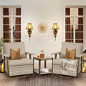 Auzfy 3 Pieces Outdoor 360° Swivel Rocker Patio Chairs Set, Outdoor Swivel Rocking Glider Chairs Set with Side Table, PE Wicker Rattan Outdoor Patio Swivel Rocking Furniture Set