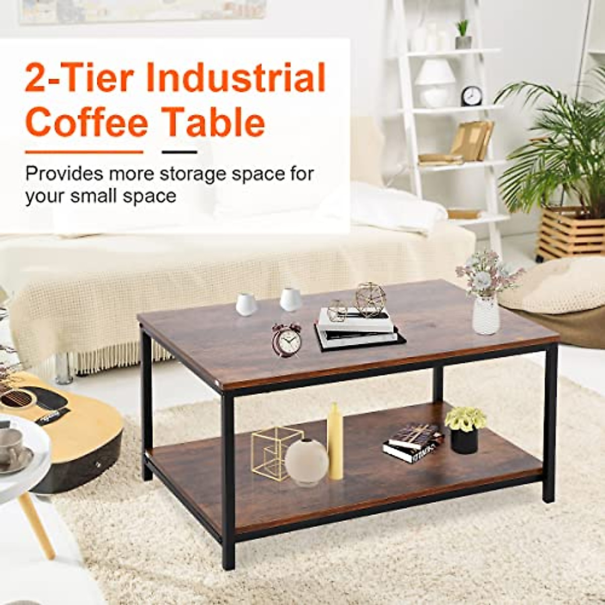ZenStyle Industrial Coffee Table with Storage Shelf for Living Room, Wood Look Accent Furniture with Vintage Wooden Board Stable Metal Frame Cocktail Table 2-Tier Tea Table, Rustic Brown