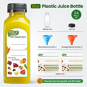 24 PACK, 12 OZ Reusable Plastic Juice Bottles with Caps, Plus 24 Labels & 2 Silicone Funnels - Clear Juicing Bottles for Juice, Smoothies, Ginger, Tea, Coffee - Food Grade & Leakproof Travel Bottles